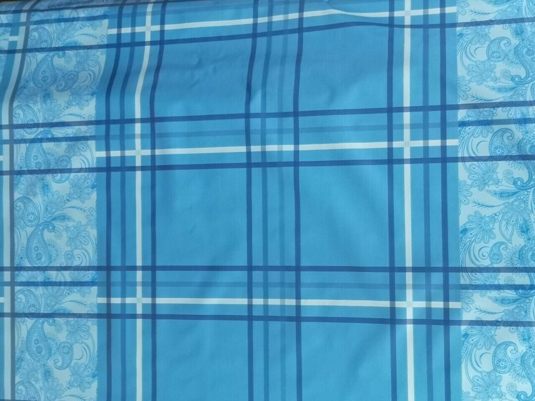 PVC Tablecloth Blue Paisley Border With Check Centre Wipe Clean, Vinyl ...