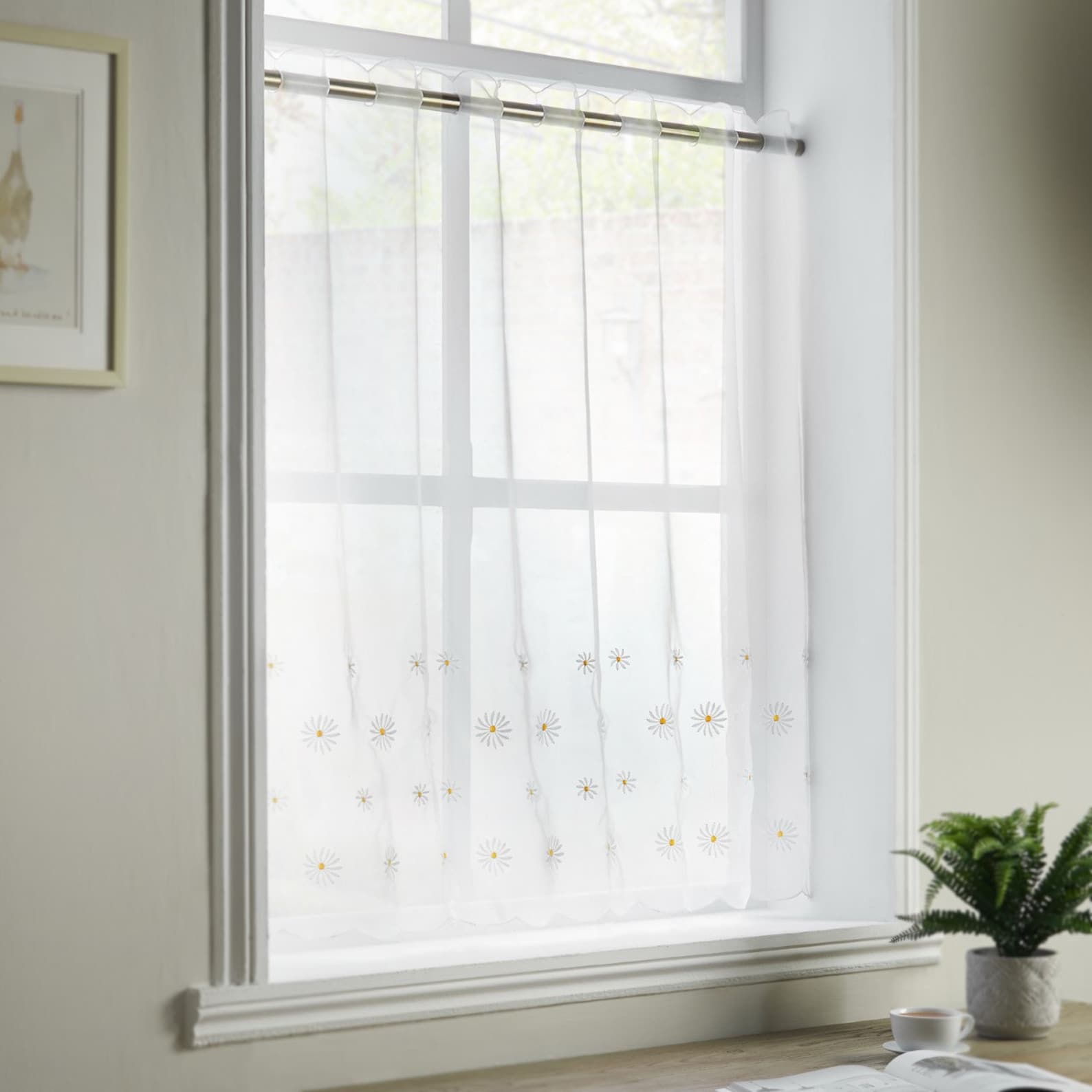 Café Voile Curtain Panel, Embroidered Kitchen Net Curtains, Daisy ...