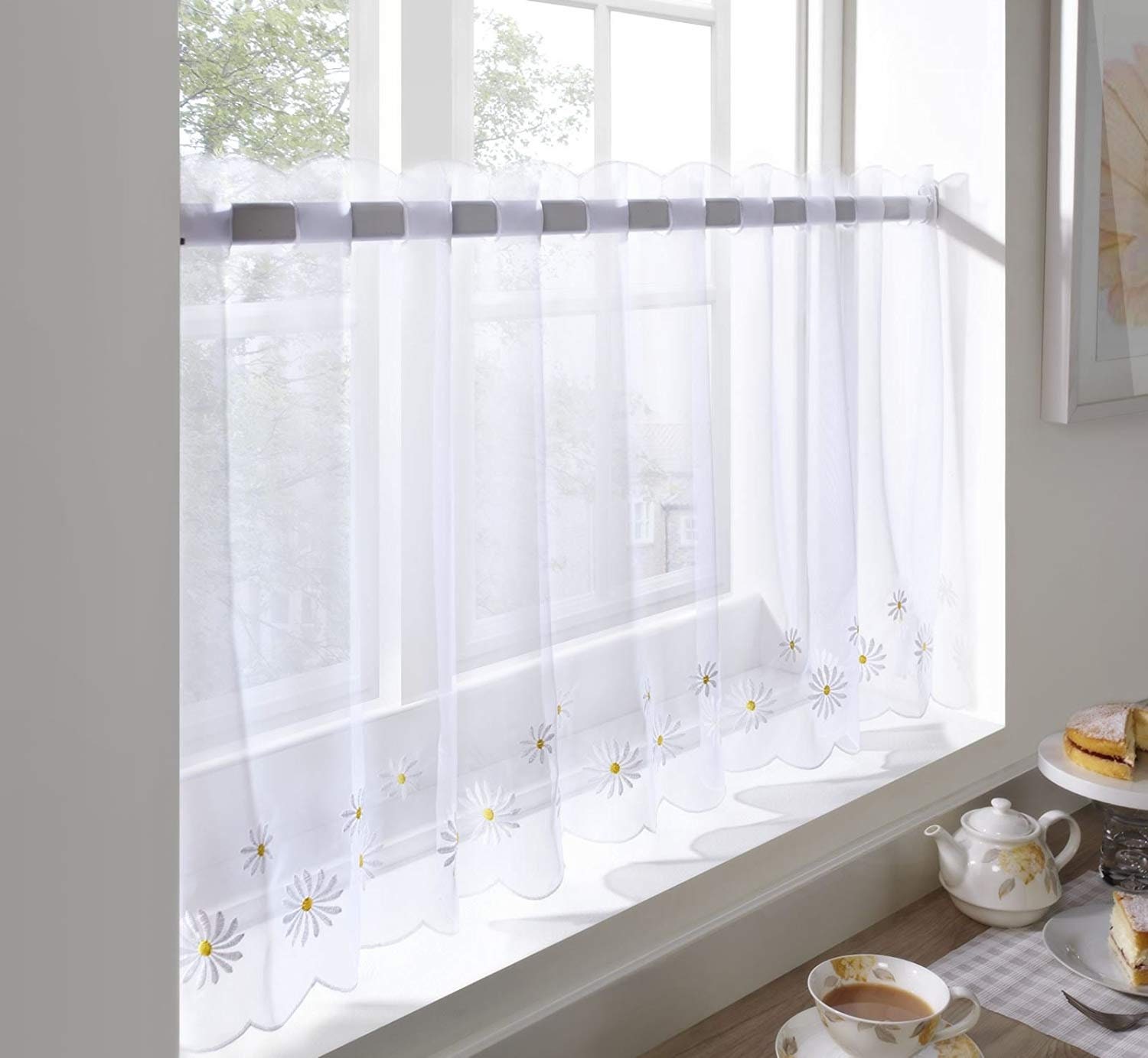 Cafe Voile Curtain Panel Embroidered Kitchen Net Curtains Daisy Flower 59 Width per Panel With Slotted Top Small Daisies on White Ground Etsy