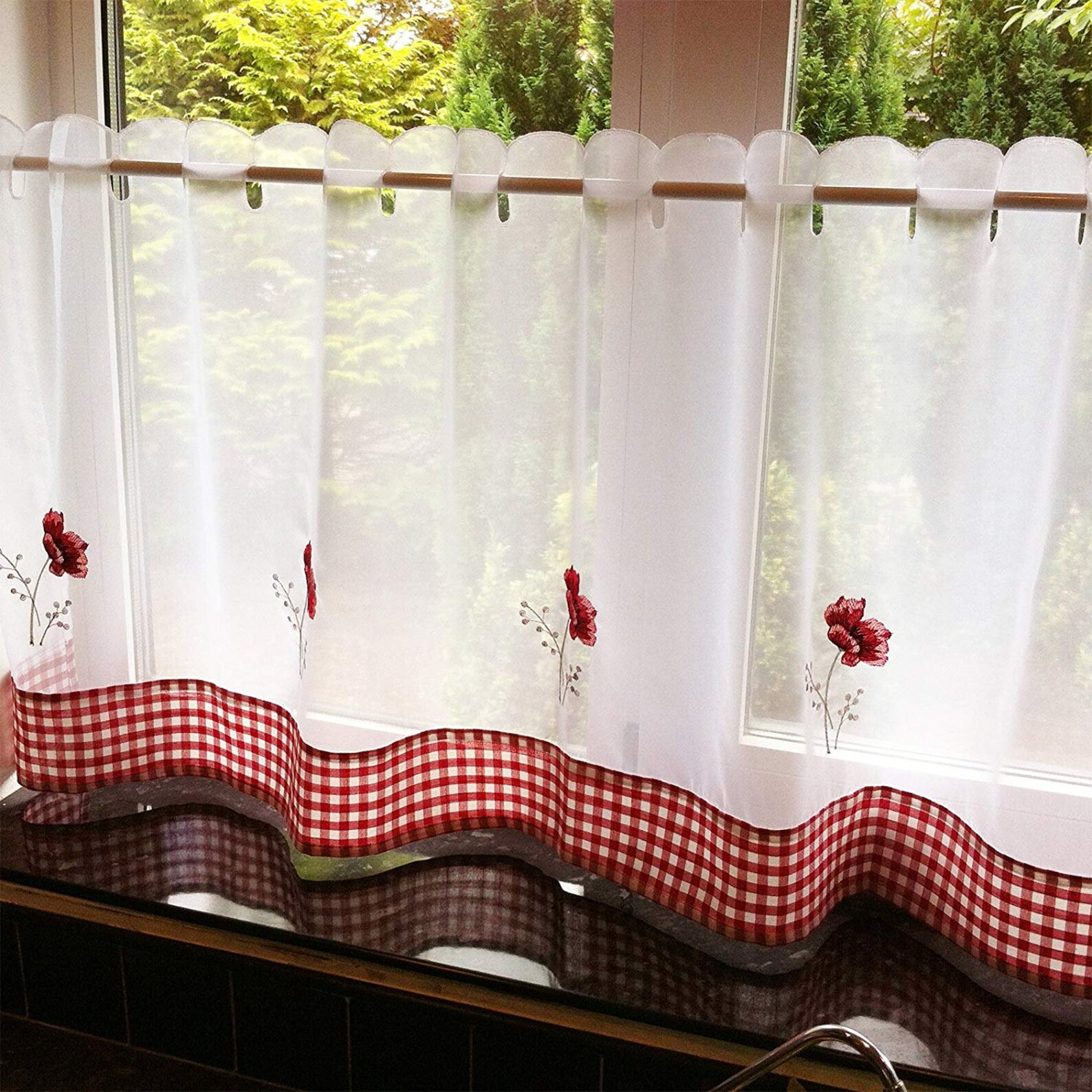 Red Poppy / Poppies With Gingham Check Kitchen Curtains, or Pelmets, or ...