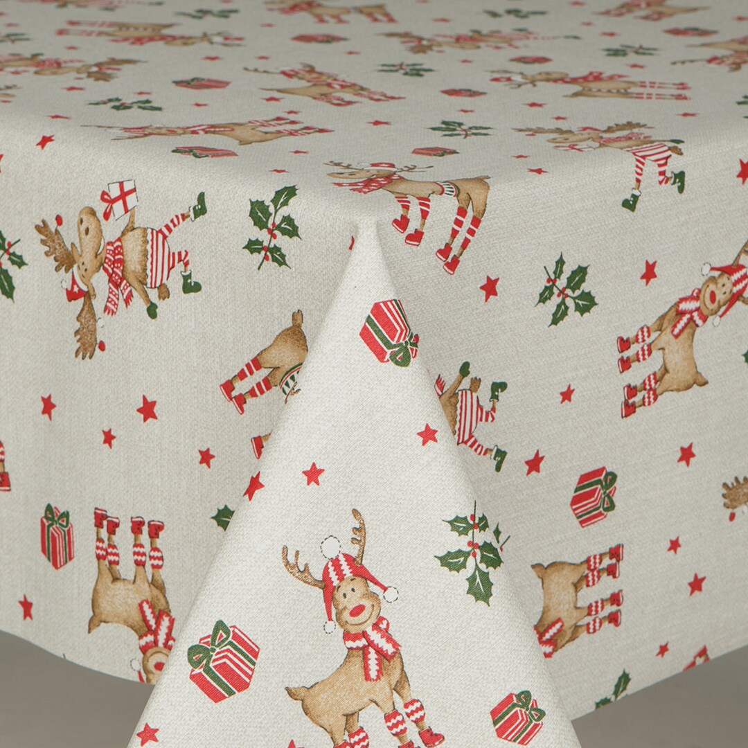Christmas Oilcloth Tablecloth Rudolph Holly Leaves Presents Stars Wipe ...