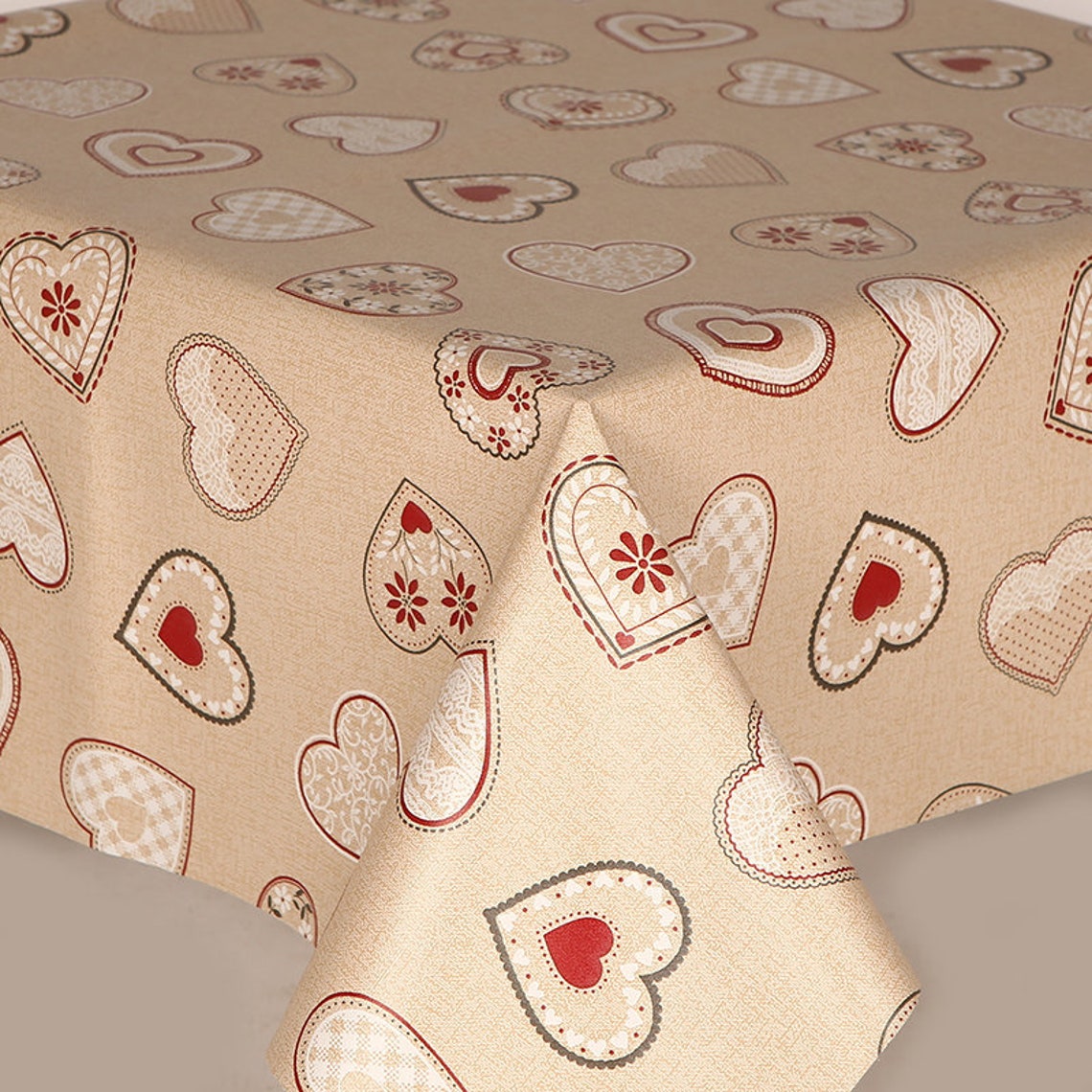PVC Love Hearts Red, Beige Ground With Red and White Love Hearts and ...