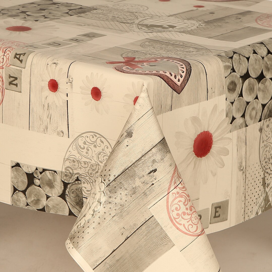 PVC Tablecloth Cream Ground With Nature, Hearts in Reds and Pinks With ...