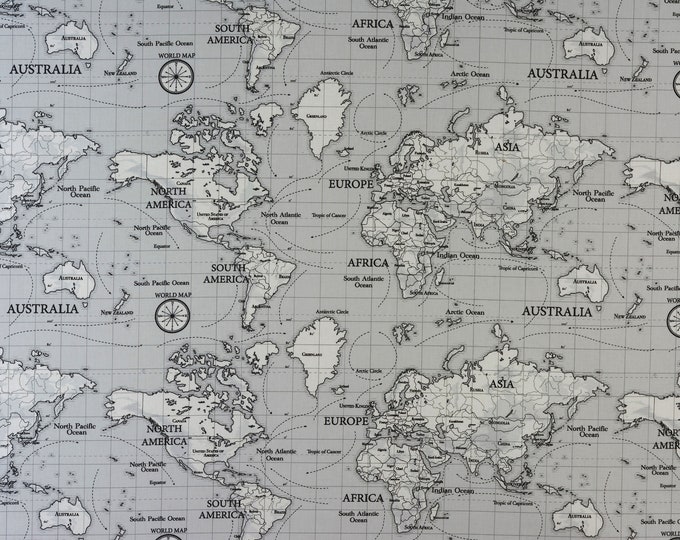 Map of the World Grey Oilcloth Tablecloth Cotton Cloth With PVC Coating ...