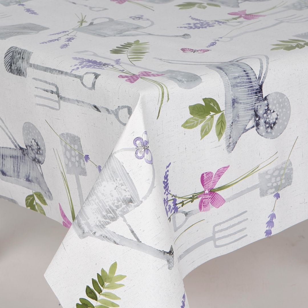 PVC Tablecloth Garden Tools, Wheelbarrows and Butterflies on Greyish ...