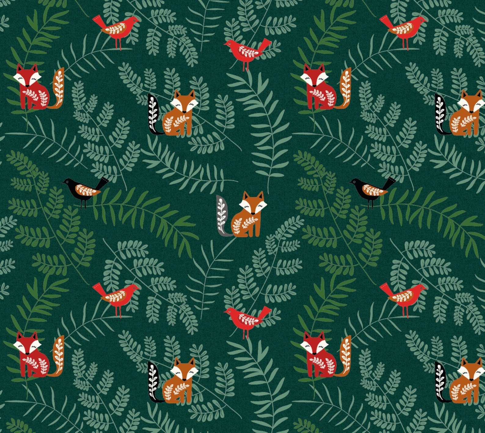 Fern Forest Green With Birds and Foxes Oilcloth Tablecloth Wipe Clean ...