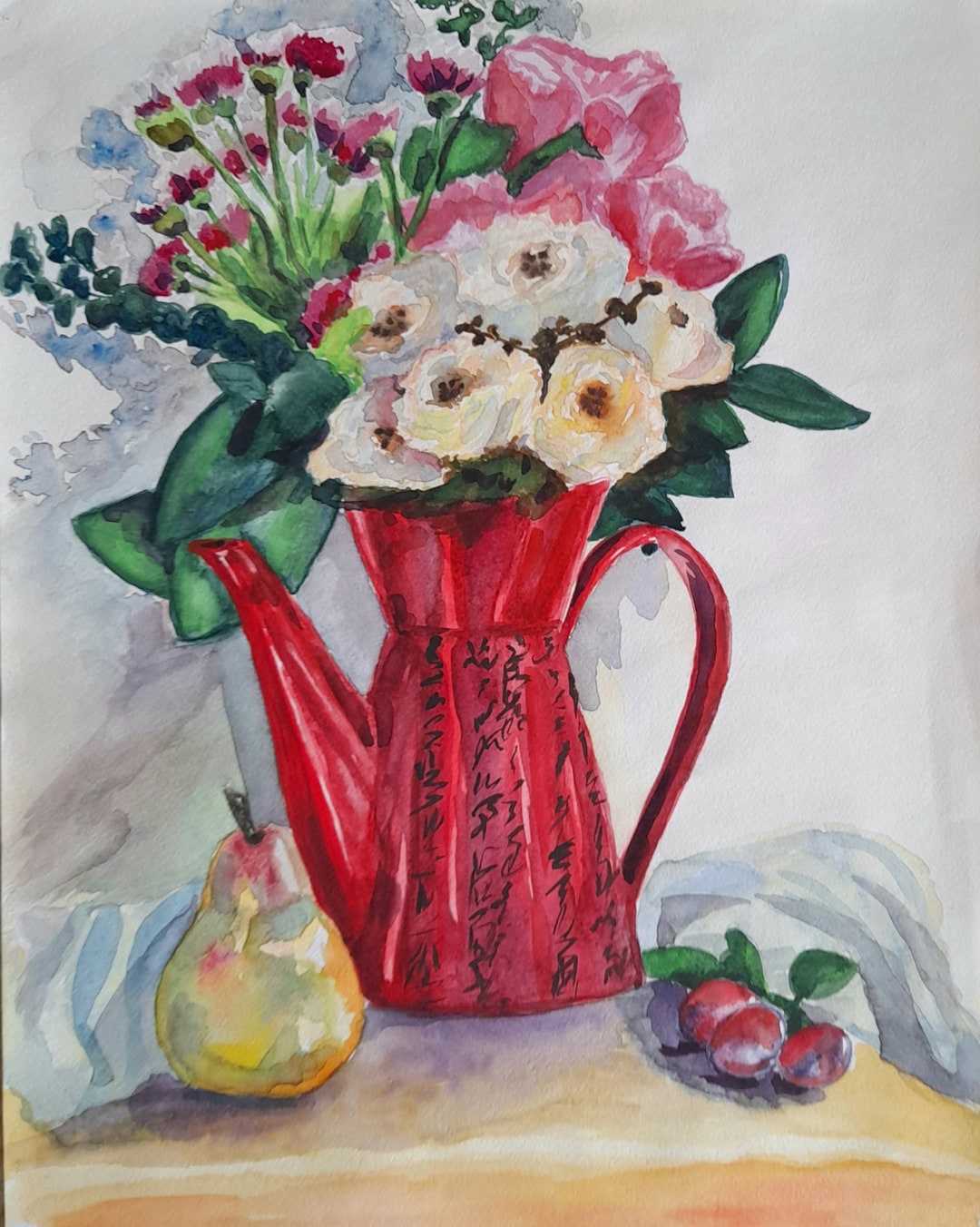 Watercolor Kitchen Art, Kitchen Wall Art, Still Life Red Teapot, Still ...