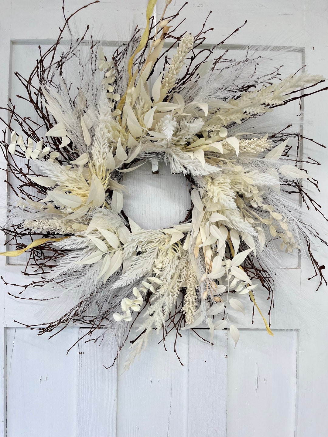 White Boho Pampas Wreath, Bohemian Wreath, Boho Wreath, Faux Dried ...