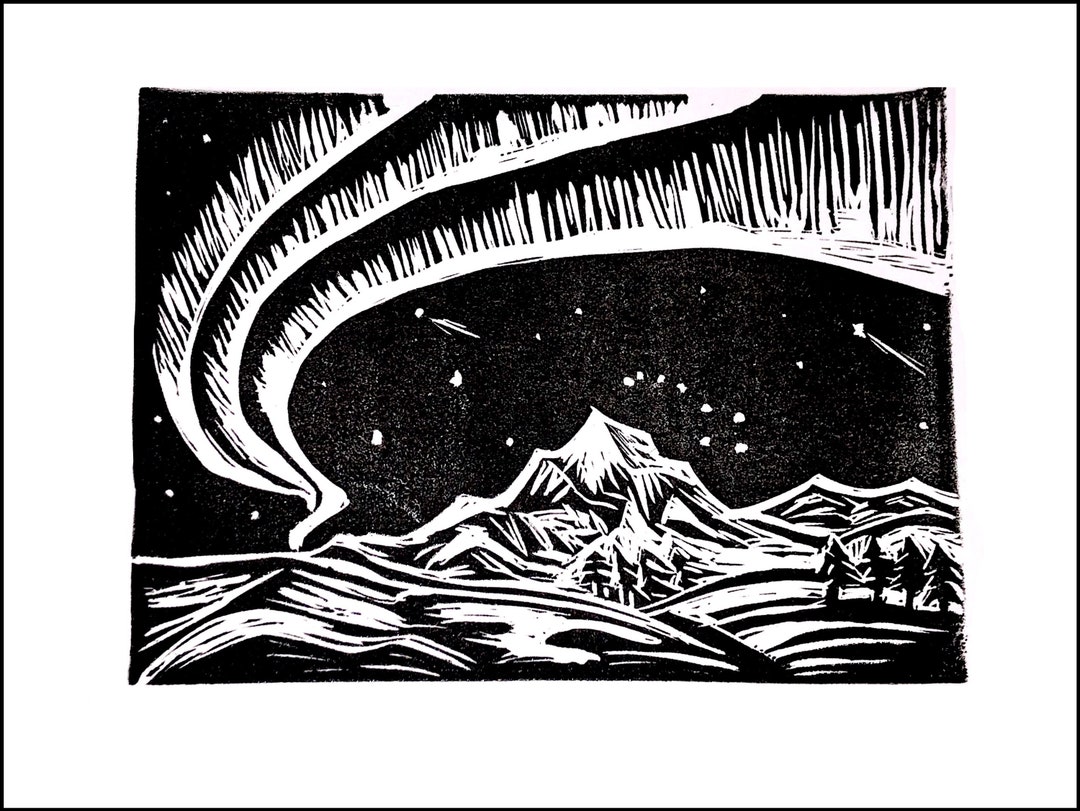 Aurora and Mountain | Block Print | Nature Art - Etsy