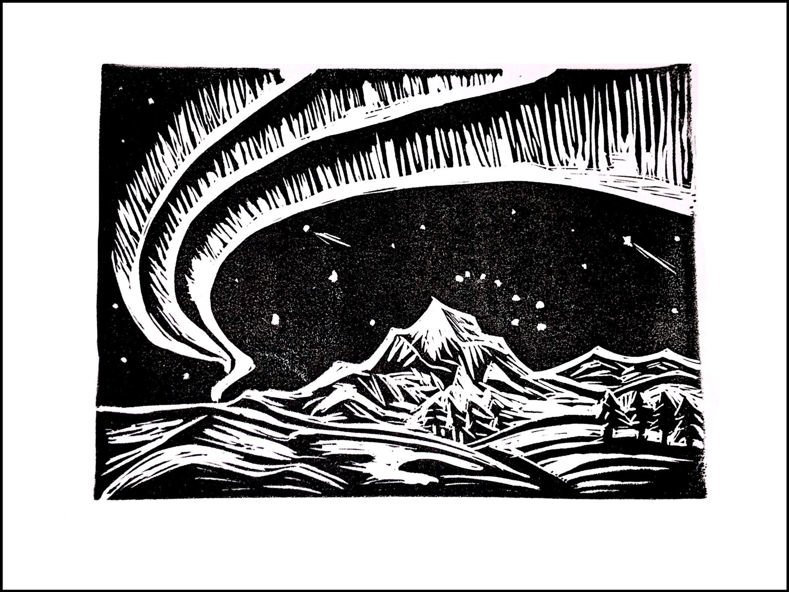 Aurora and Mountain Block Print Nature Art - Etsy