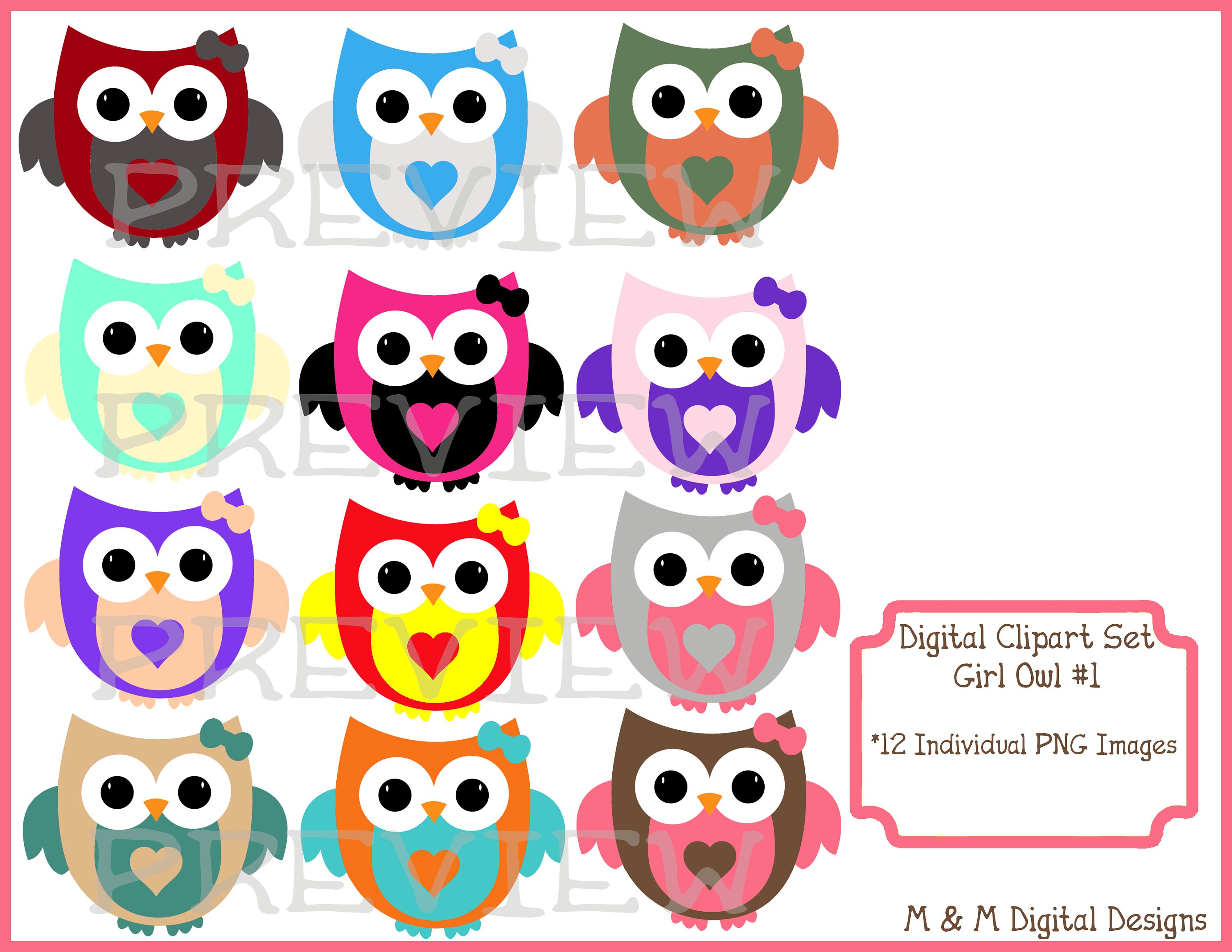 Owl Gal Digital Clip Art Set 12 Individual PNG Files | Etsy