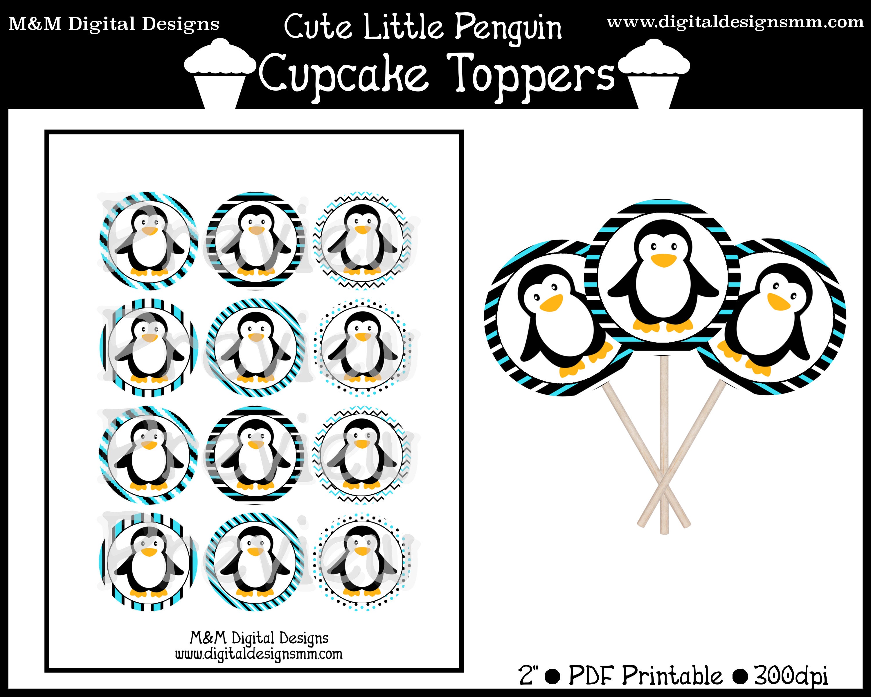 Cute Penguin Cupcake Toppers PDF Digital 2 Inch | Etsy