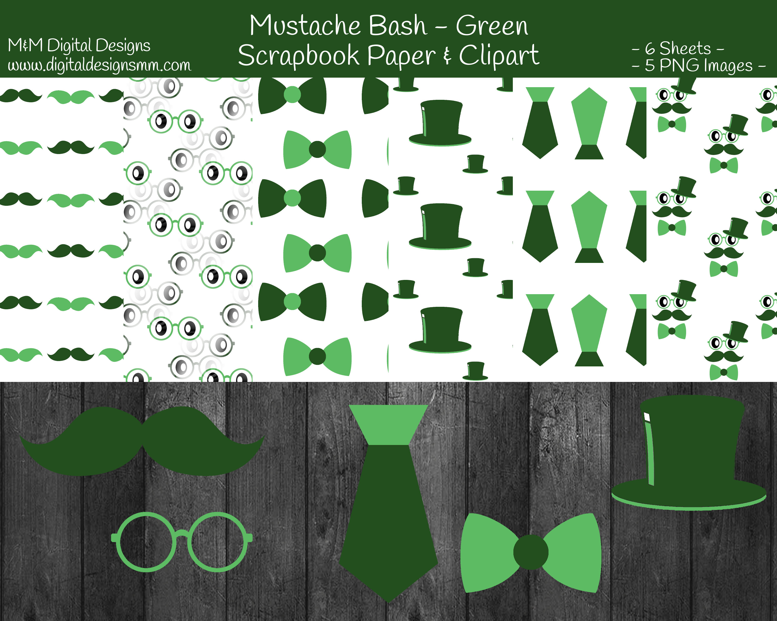 Mustache Bash Green Scrapbook Paper Clip Art. 12x12 Digital | Etsy