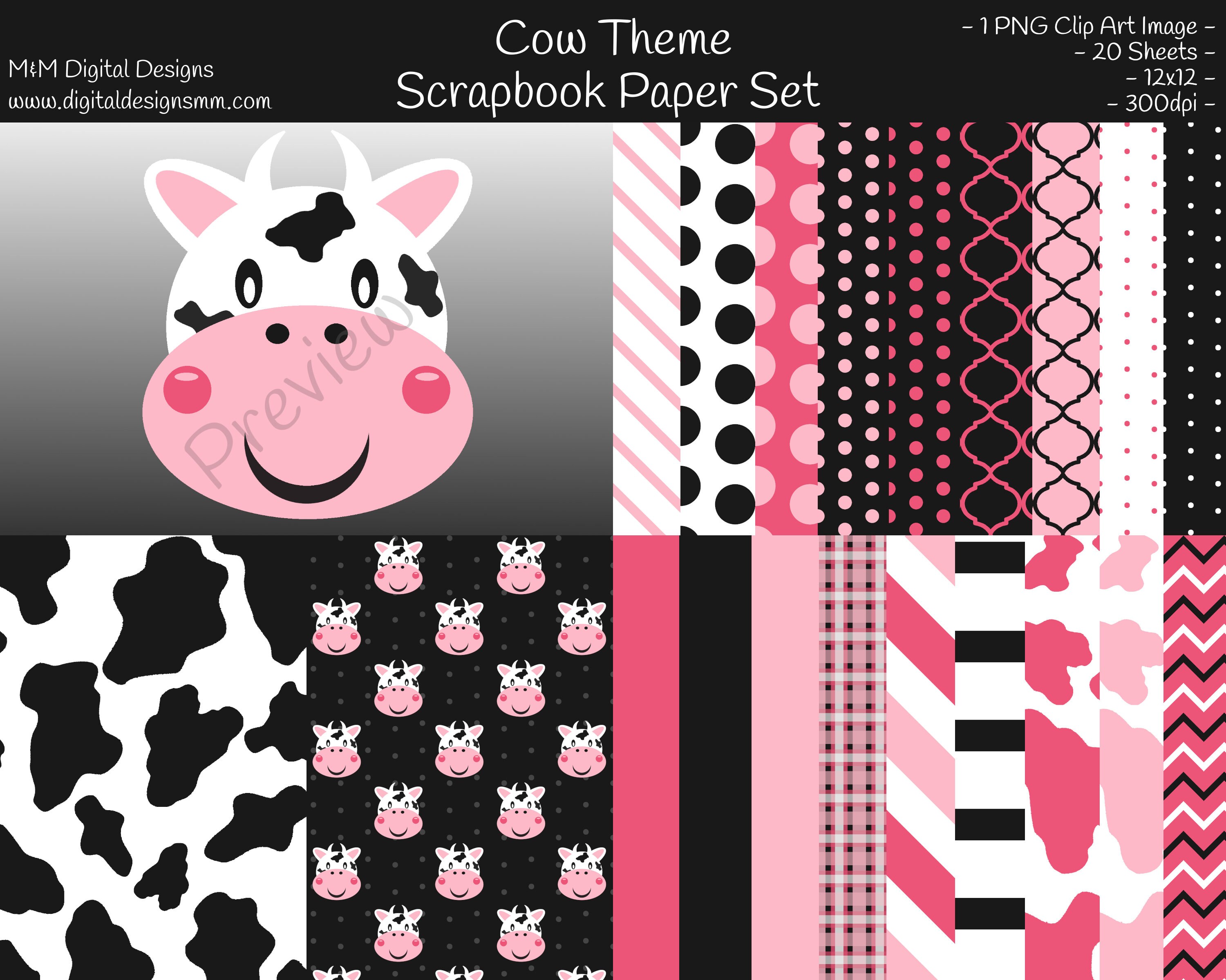 Cow Theme Scrapbook Paper Kit. 12x12 Digital Paper & Clip Art | Etsy
