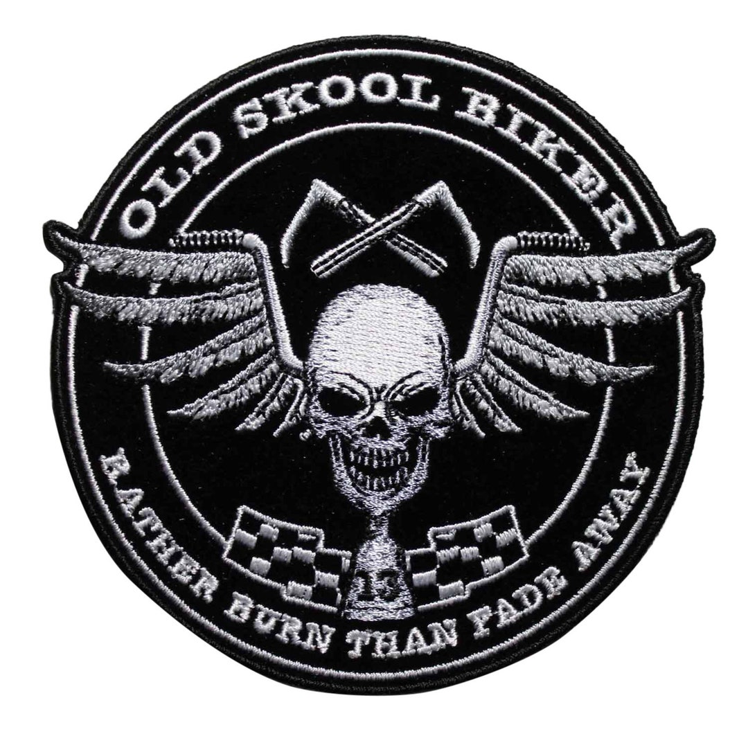 Old Skool Biker Embroidered Iron on Patch School Skull Motorcycle ...