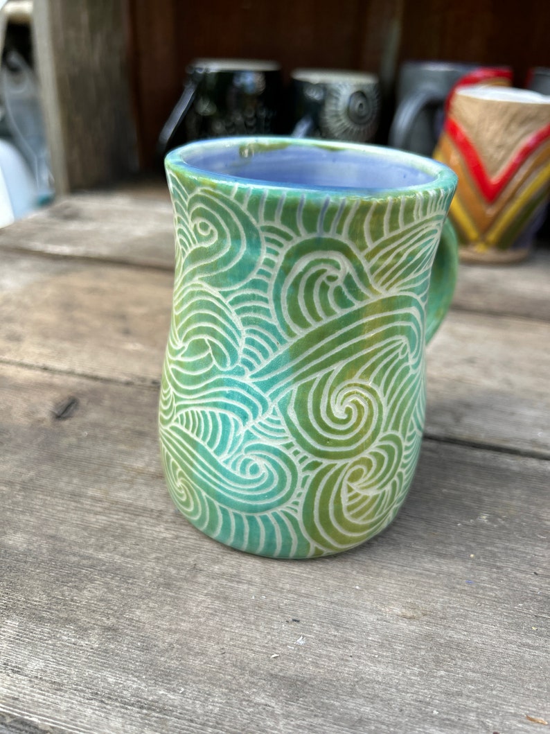 Handmade Ceramic Sgraffito Wave Mug Cup - Etsy