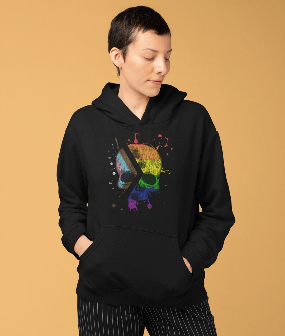 Distressed Progressive Pride Flag Skull Hoodie Inclusive LGBT Splatter ...