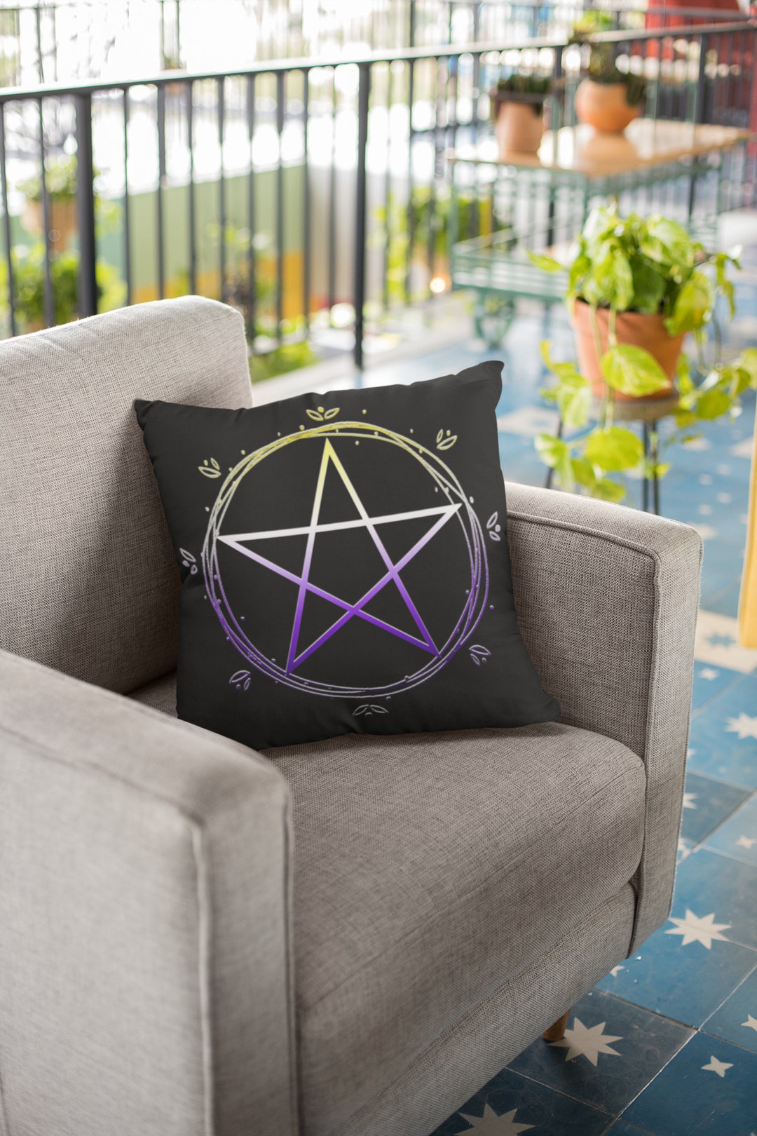 Nonbinary Pentacle Throw Pillow - NB Enby Pride Boho Pentagram Pillow ...