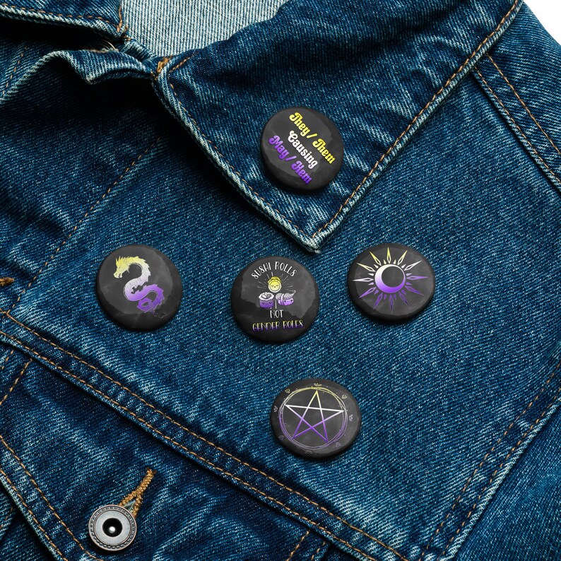 Nonbinary Pride Pin Button Set: Enby Dragon, Sushi Rolls, Pentacle - 5 ...