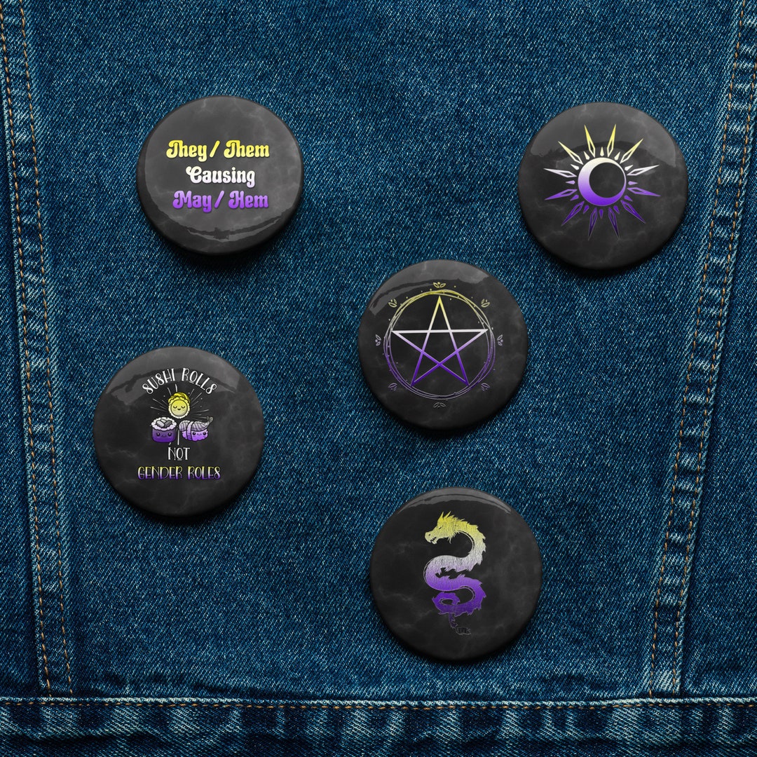 Nonbinary Pride Pin Button Set: Enby Dragon, Sushi Rolls, Pentacle - 5 ...