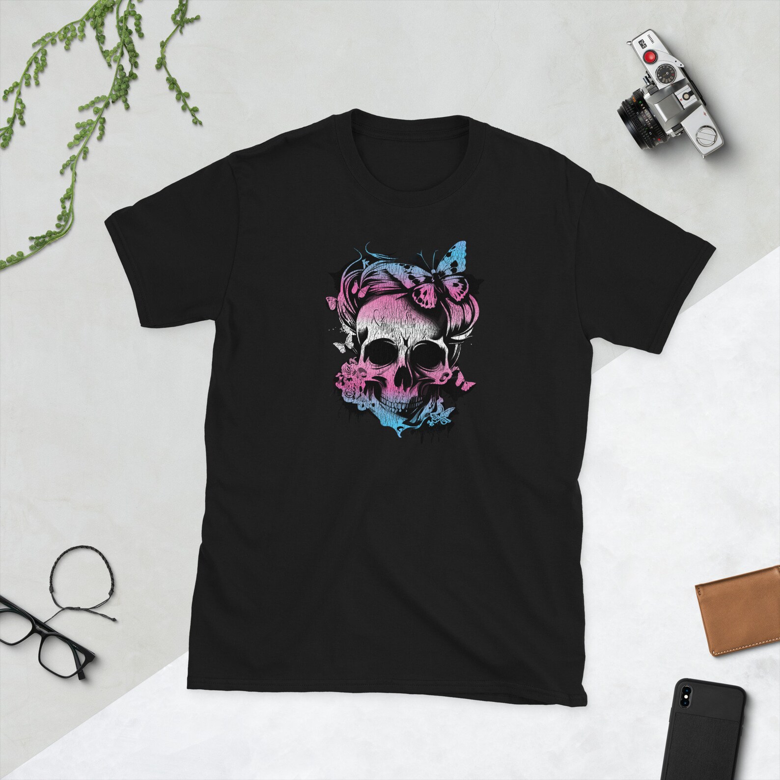 Distressed Transgender Skull Tshirt, Trans Pride Boho Floral Butterfly ...
