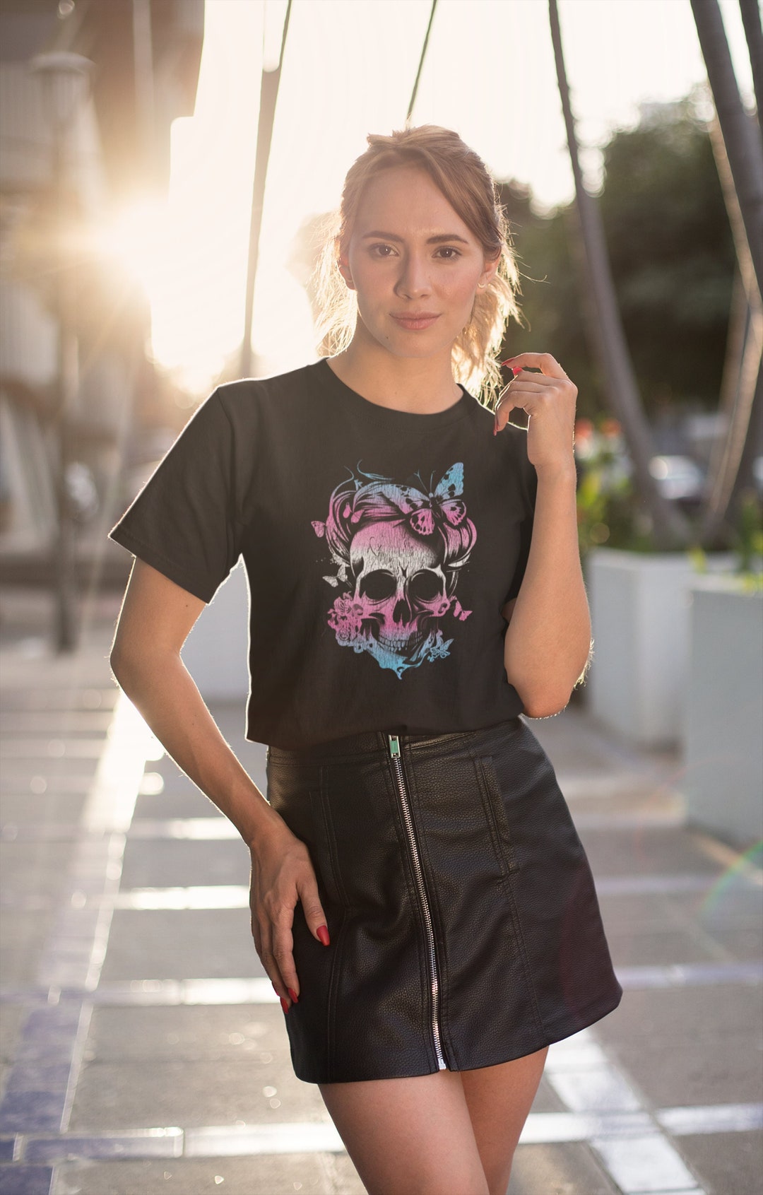 Distressed Transgender Skull Tshirt, Trans Pride Boho Floral Butterfly ...