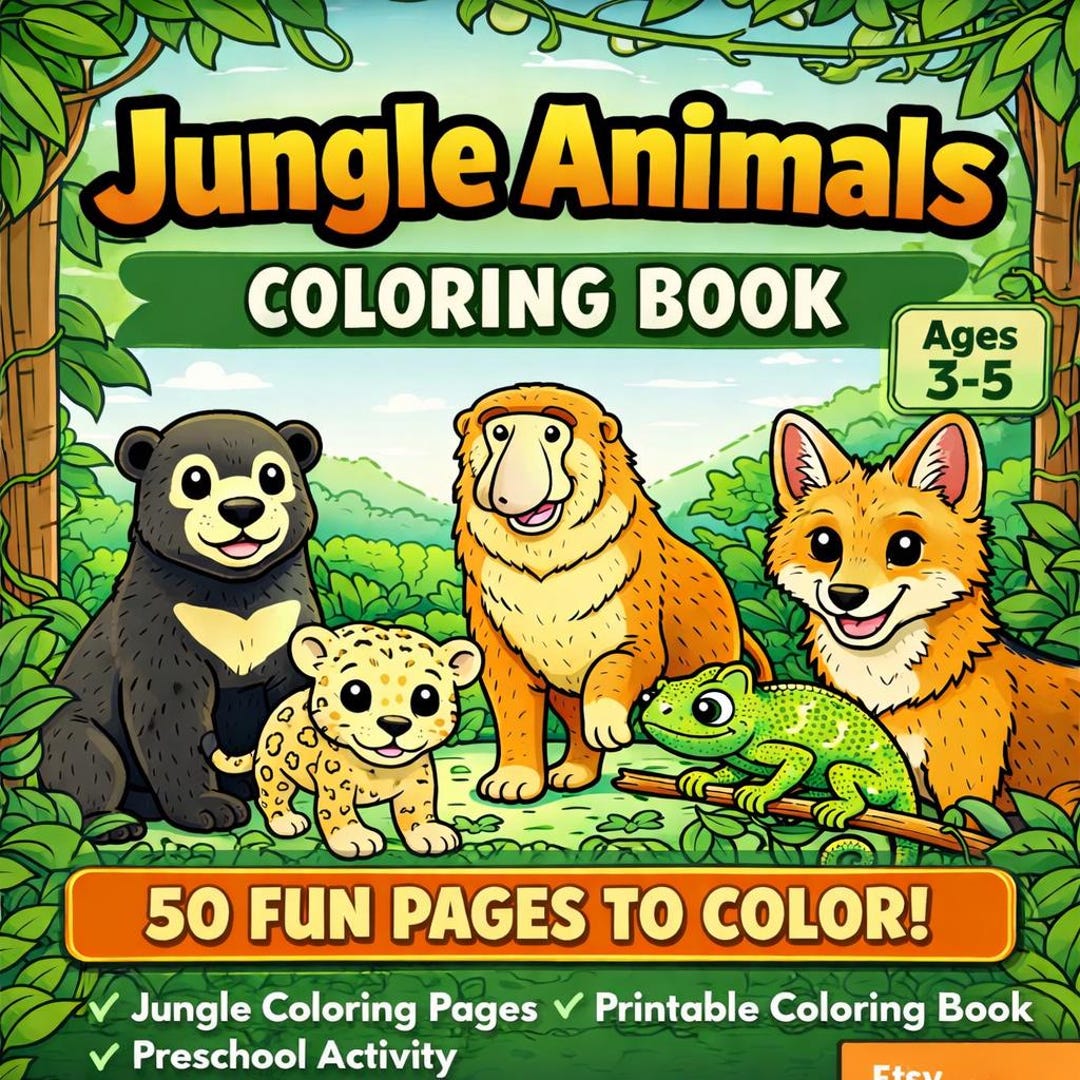 Jungle Animals Coloring Book for Kids Ages 3–5 | 50 Fun Jungle Animal ...