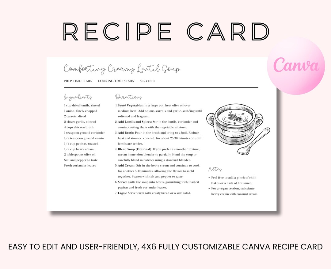 Minimalist Hand Written Recipe Card | Fully Customizable Recipe Card ...
