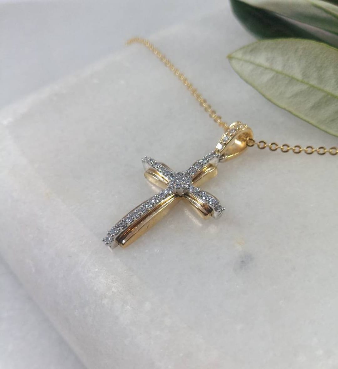 14k Gold Cross.baptism Yellow Gold Cross.cross for Girl.swarovski Stone ...