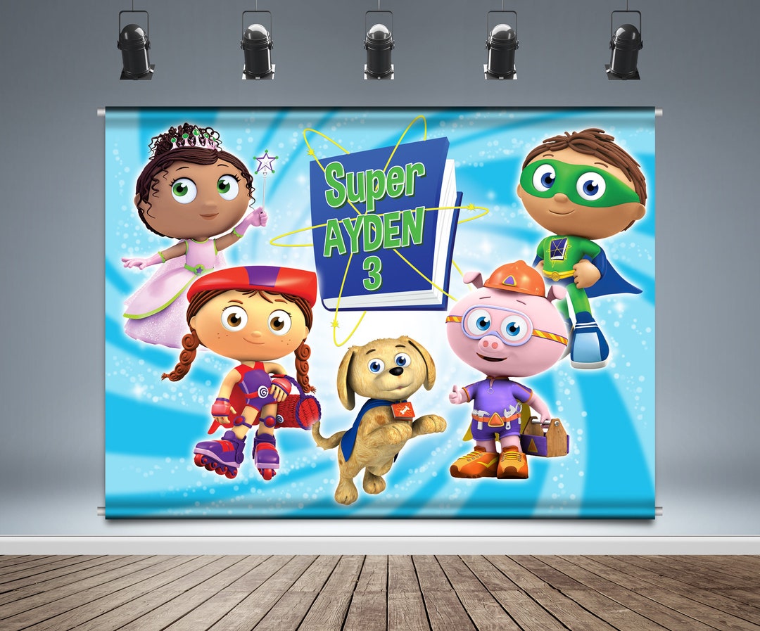 Super Why Backdrop Banner, Blue Birthday Background, Princess Pea ...