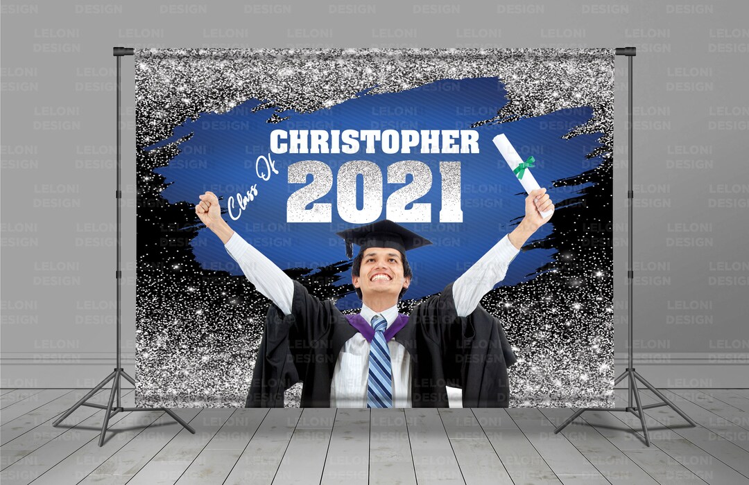 Graduation Backdrop, Grad Hat, Class of 2021, Blue Grad Backdrop, Prom ...