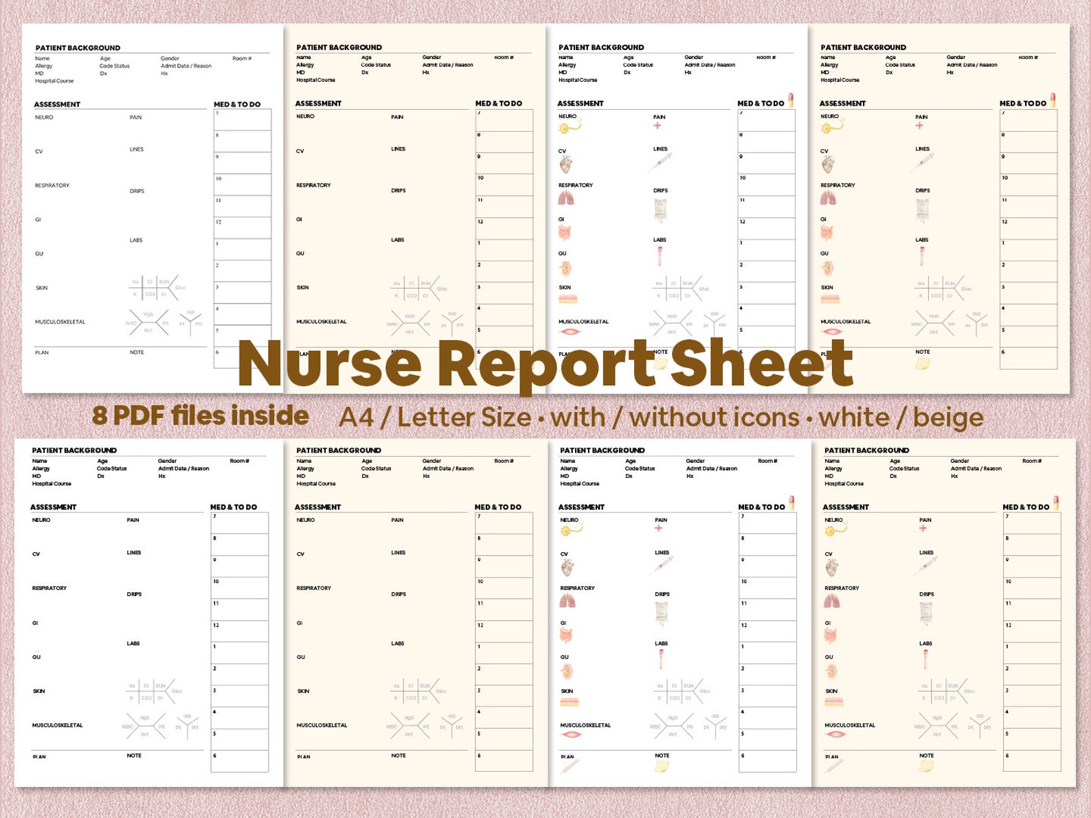 Nurse Report Sheet With Medical Icons, Nurse Brain Sheet Nursing ...
