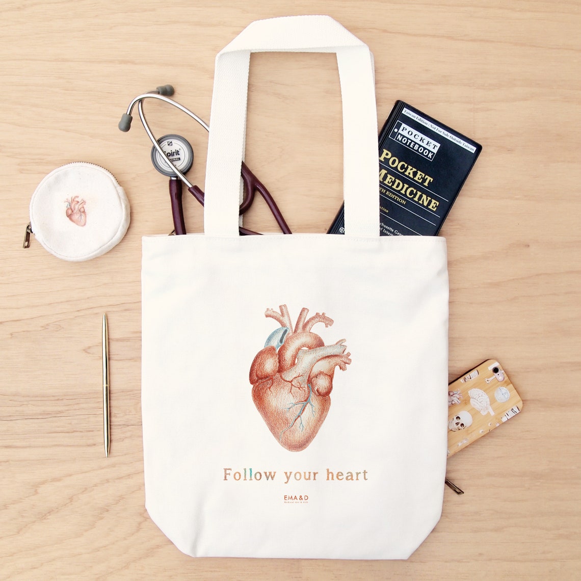 Anatomical Heart Canvas Tote Bag With Pockets Human Anatomy Doctor ...