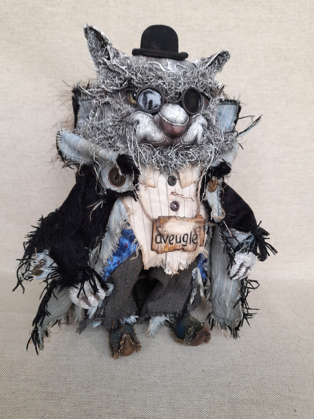 Street Disheveled Gray Cat. Collectible Handmade Doll, Available in Two ...