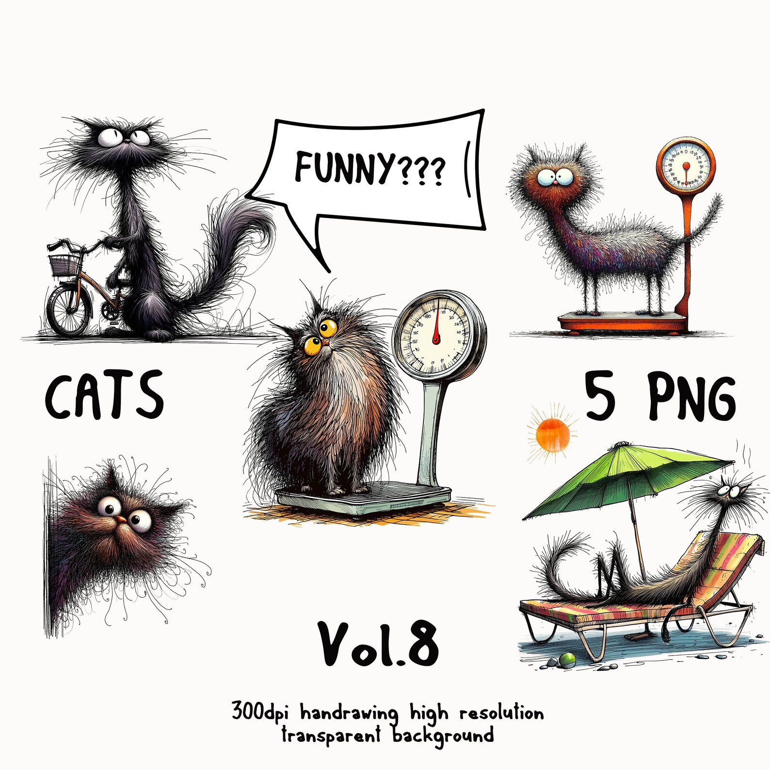 Hand-drawn Funny Cat Clipart Bundle Quirky Cartoon Cats in Humorous ...