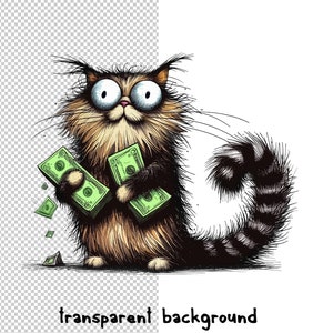 Whimsical Cat With Money Clipart Bundle. Rich Cats Cartoon Pngs Hand ...