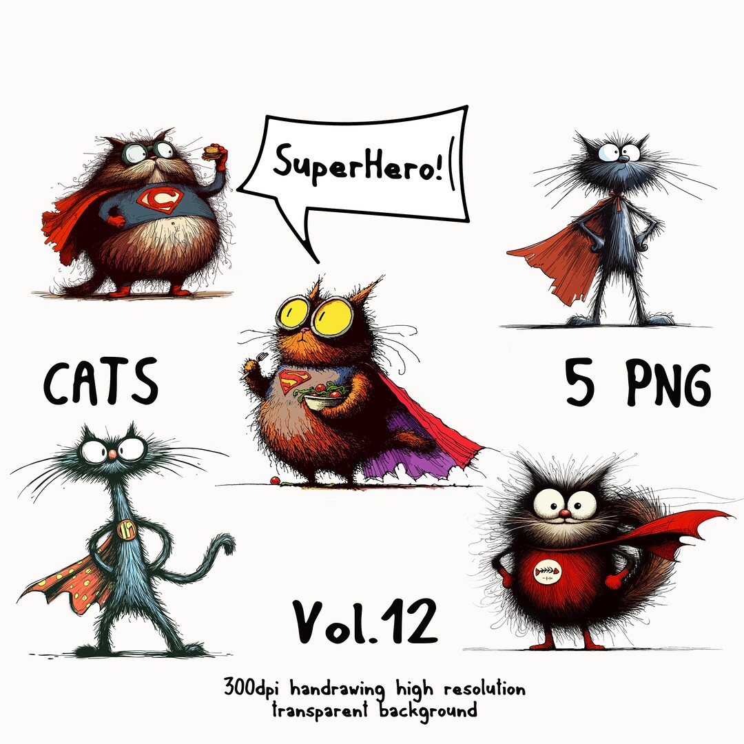 Superhero Cats Digital Art Collection. Whimsical Cat Illustrations PNG ...