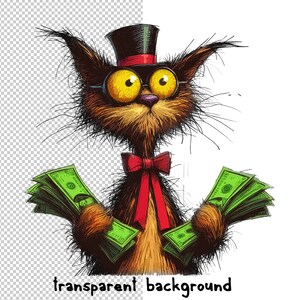 Whimsical Cat With Money Clipart Bundle. Rich Cats Cartoon Pngs Hand ...