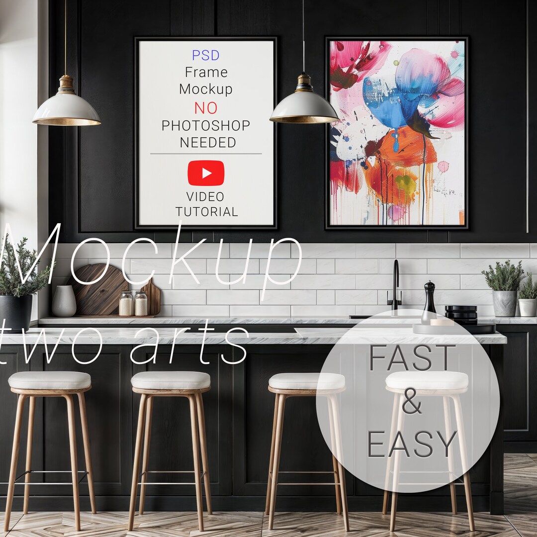Dark Kitchen Art Frame Mockup Set: Digital 2 Frames Template, Stylish ...
