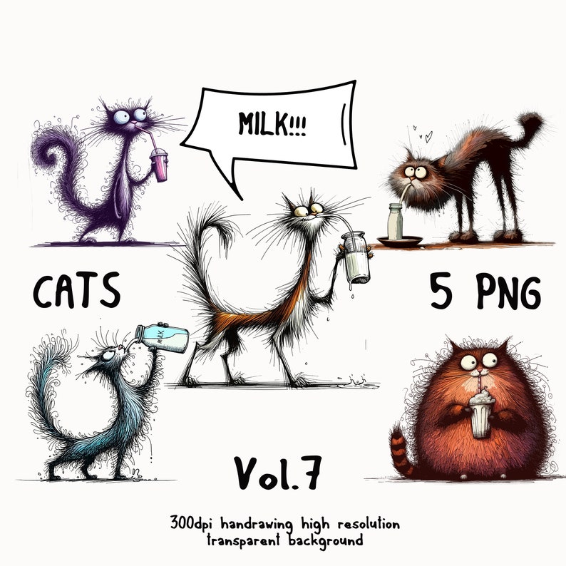 Hand-drawn Cat Milk Clipart Bundle - Quirky Cartoon Cats Drinking Milk ...
