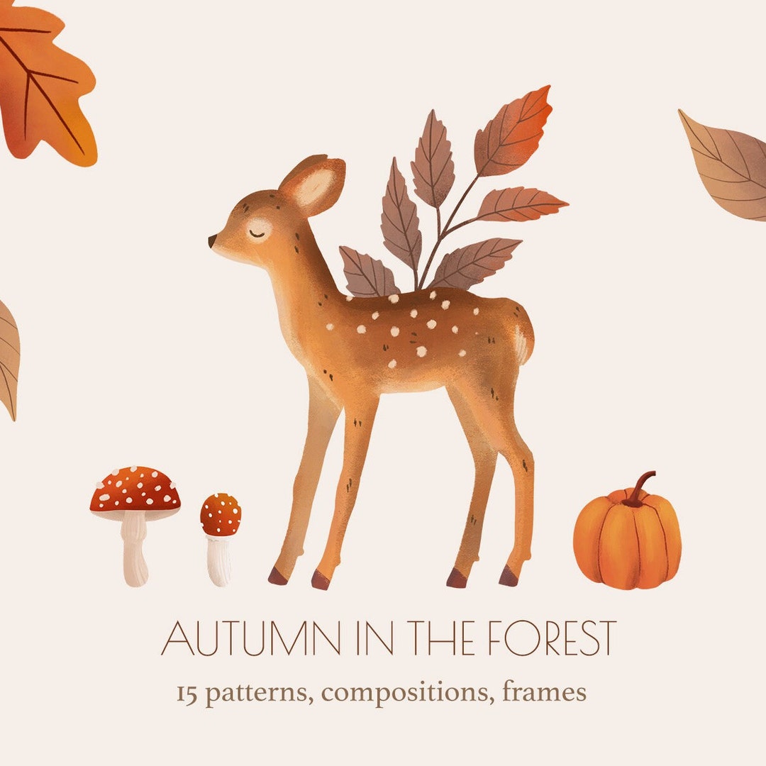 Autumn Animals Clipart: Hand-drawn Woodland Set, Patterns, Frames ...