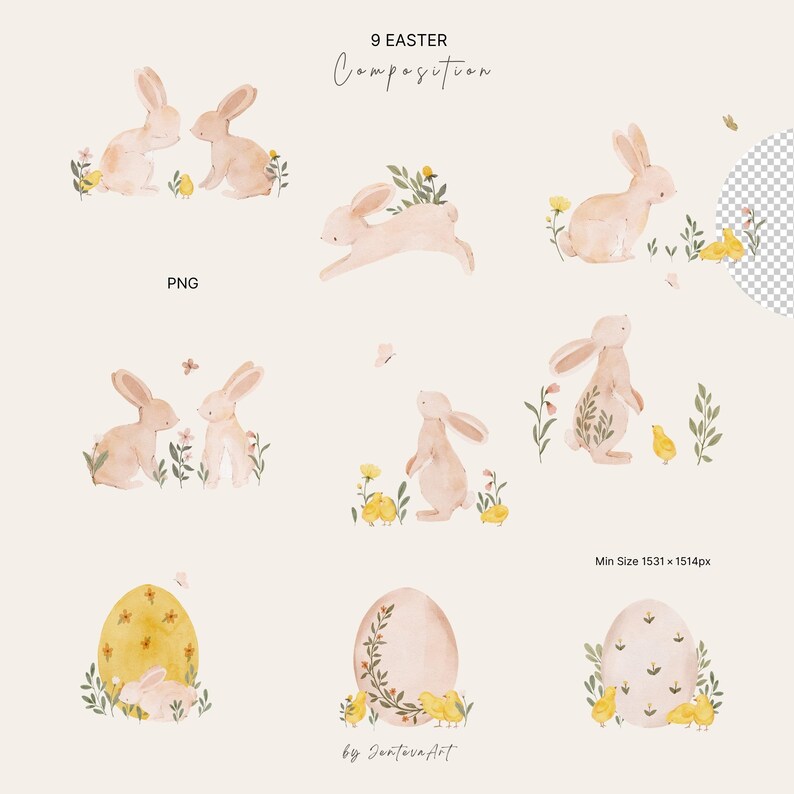 Watercolor Easter Clipart Set: Bunnies, Chicks, Wildflowers, Eggs ...