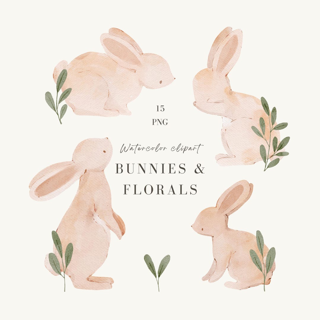 Watercolor Bunny & Floral Clipart, Hand-drawn Watercoor Rabbits PNG ...