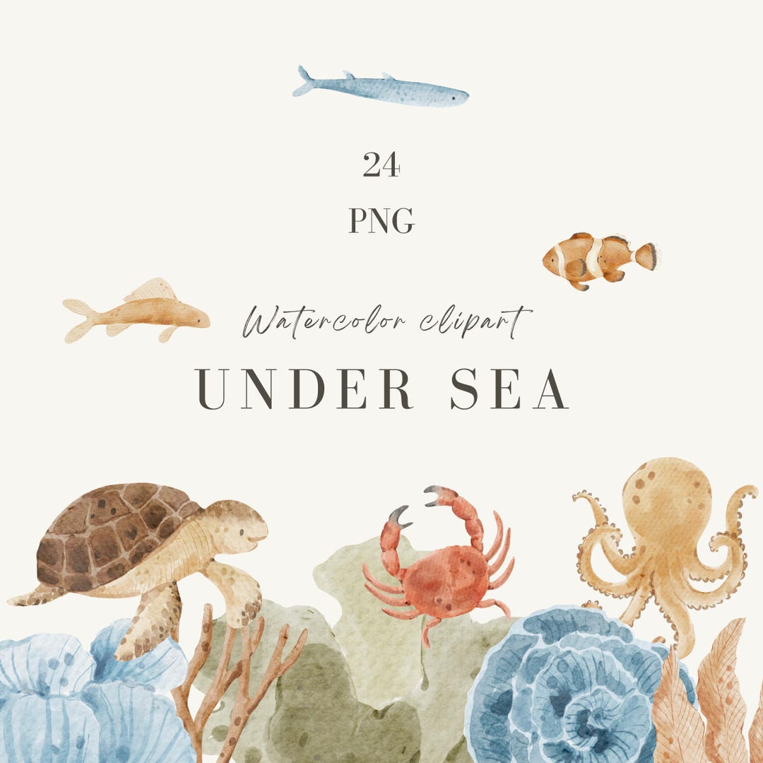 Watercolor Sea Animals PNG Set: Turtle, Octopus, Crab (digital Download ...