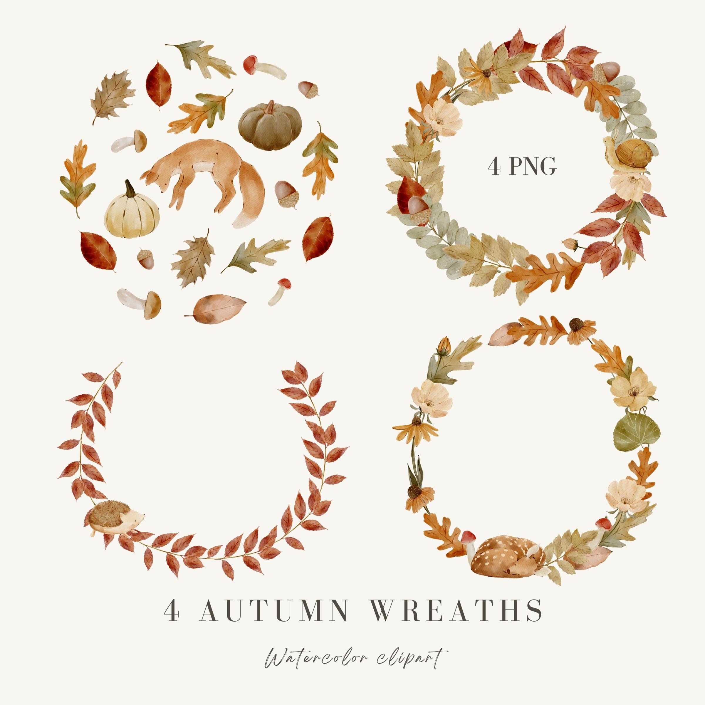 Watercolor Autumn Wreaths Clipart: Fall Forest PNG (digital Download ...