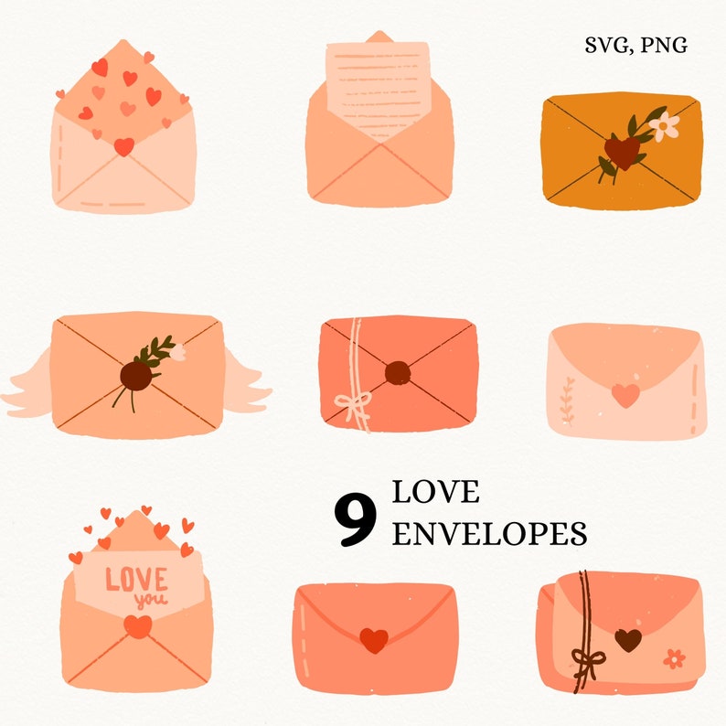 9 sobres de cartas de amor, Sobre SVG, Imágenes prediseñadas del día de ...