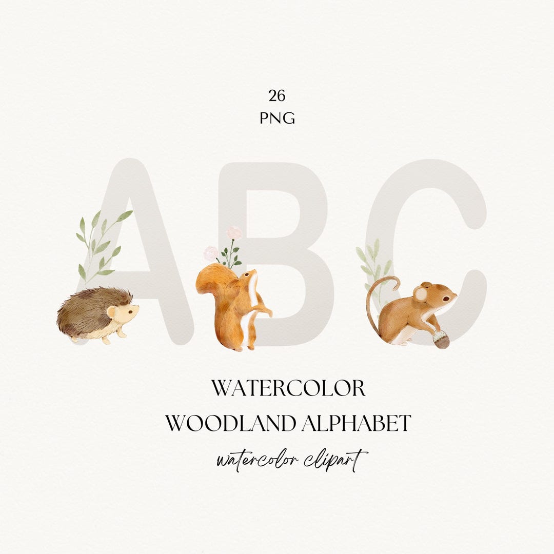 Watercolor Woodland Animals Alphabet Clipart: Nursery Art (PNG) - Etsy