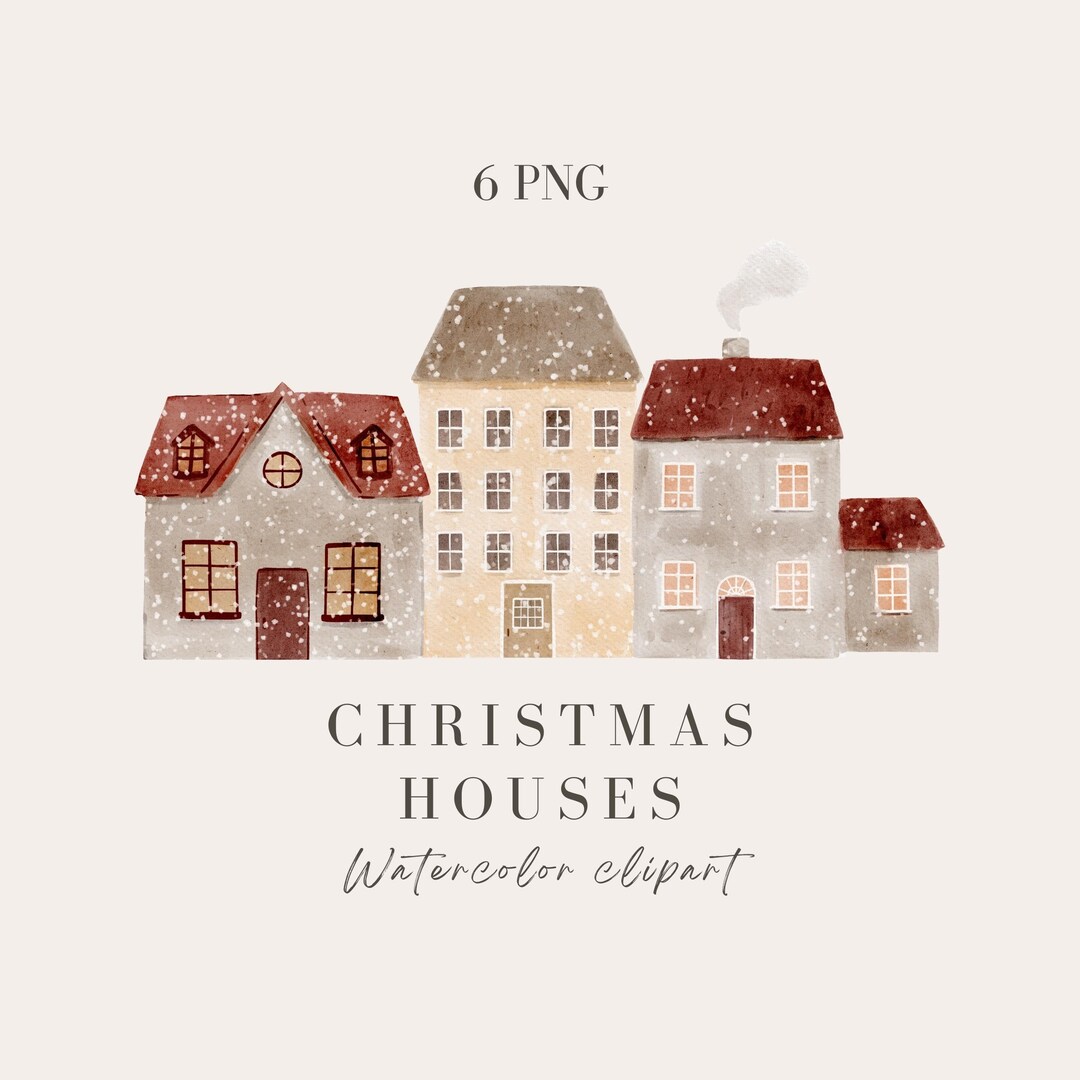 Watercolor Christmas Houses Clipart: Snowy Winter Cottages (PNG Digital ...