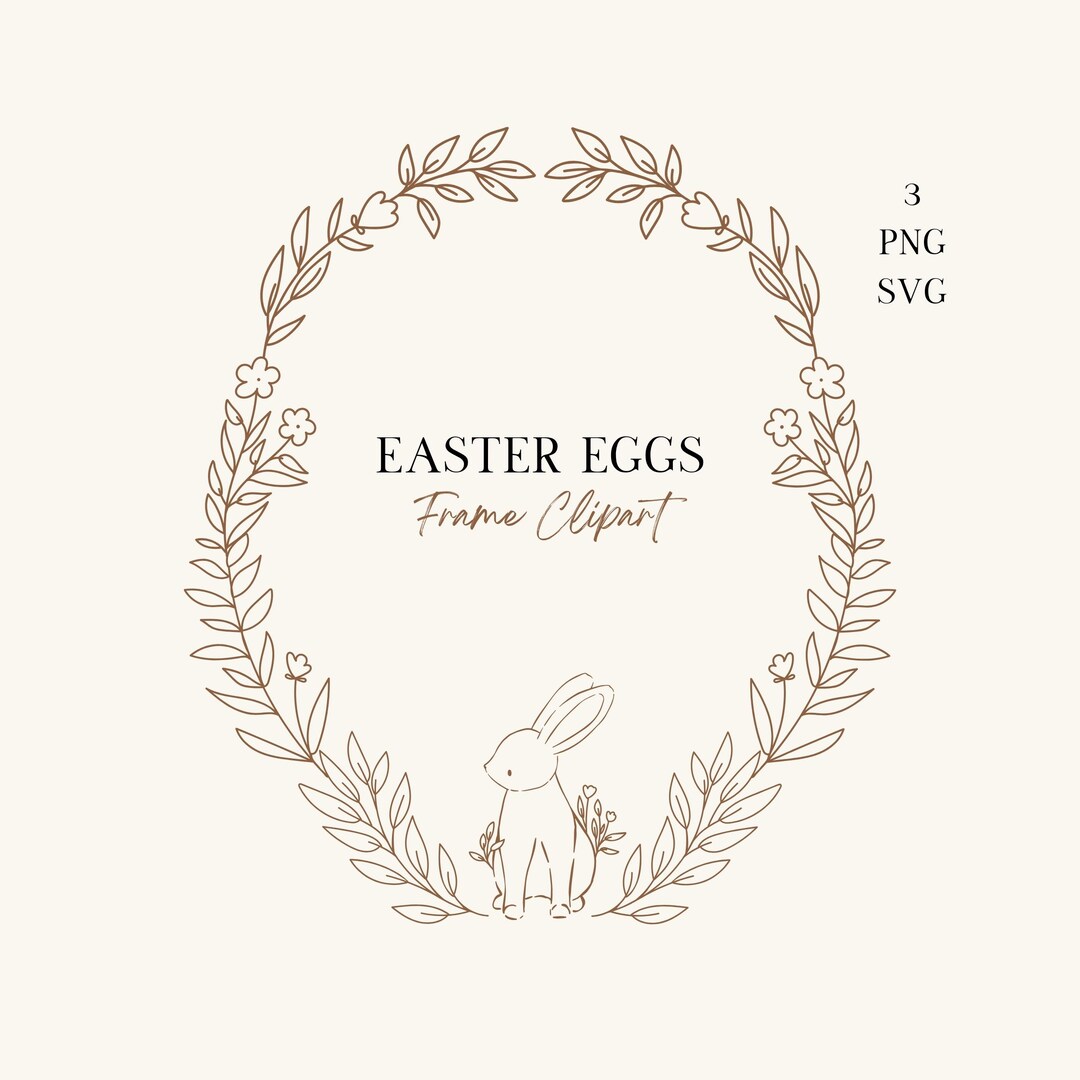 Easter Egg Frame Clipart: Line Art Bunny & Floral (SVG, PNG) - Etsy