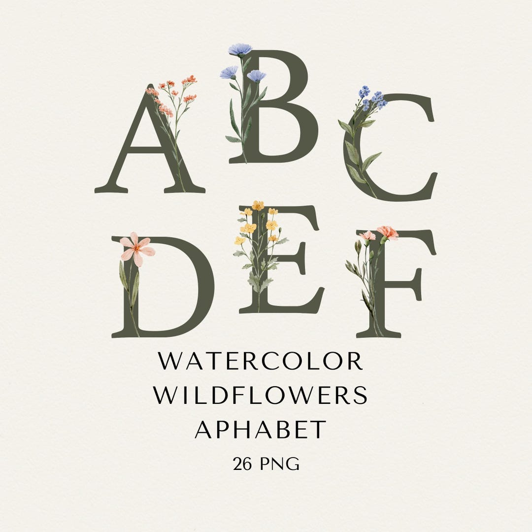 Watercolor Wildflower Alphabet Clipart: Floral Letters PNG Set ...